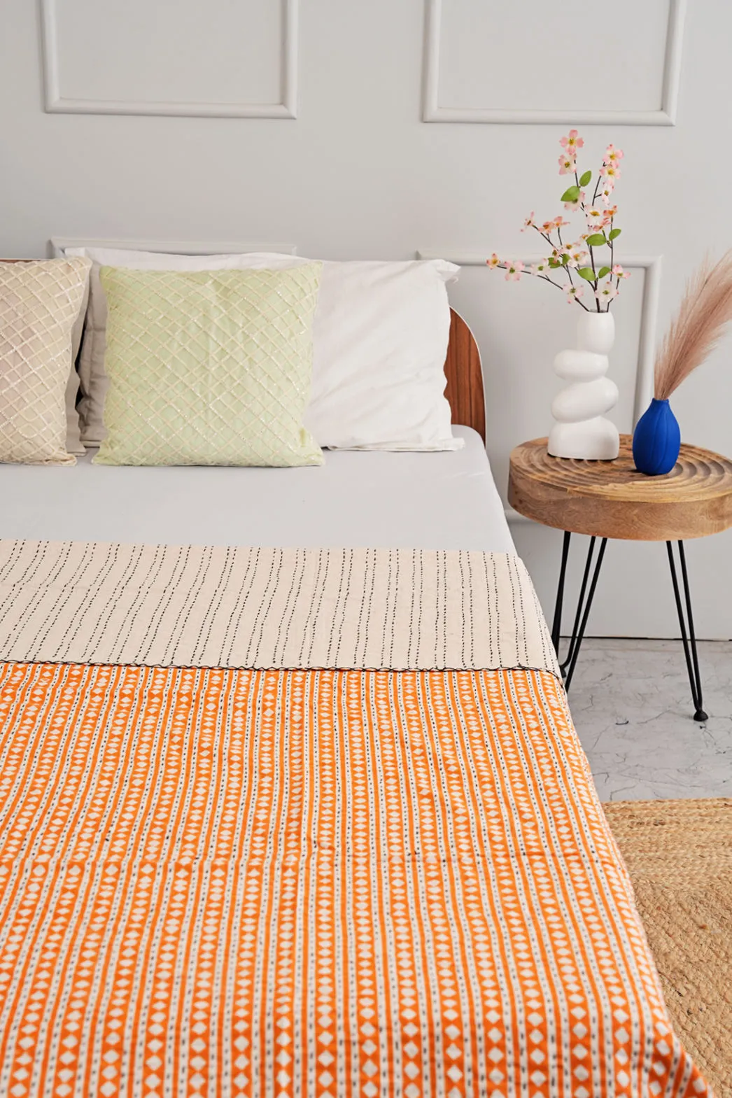 Buy Traditional Hand Block Printed Orange Queen Diamond Kantha Quilt